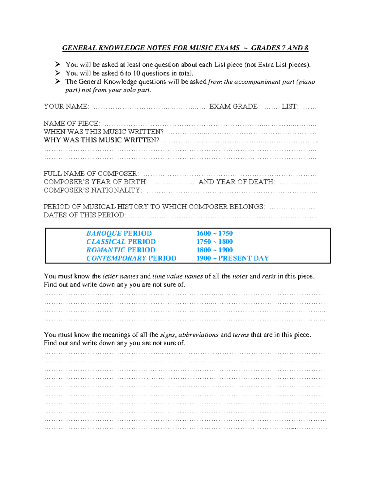 Exam - General Knowledge Music - GENERAL KNOWLEDGE NOTES FOR MUSIC ...