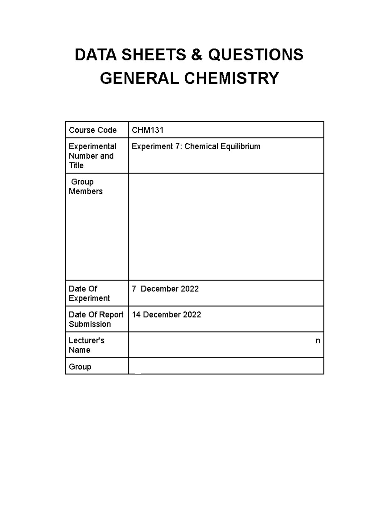 Data Sheets Chemical Equillibrium - DATA SHEETS & QUESTIONS GENERAL ...