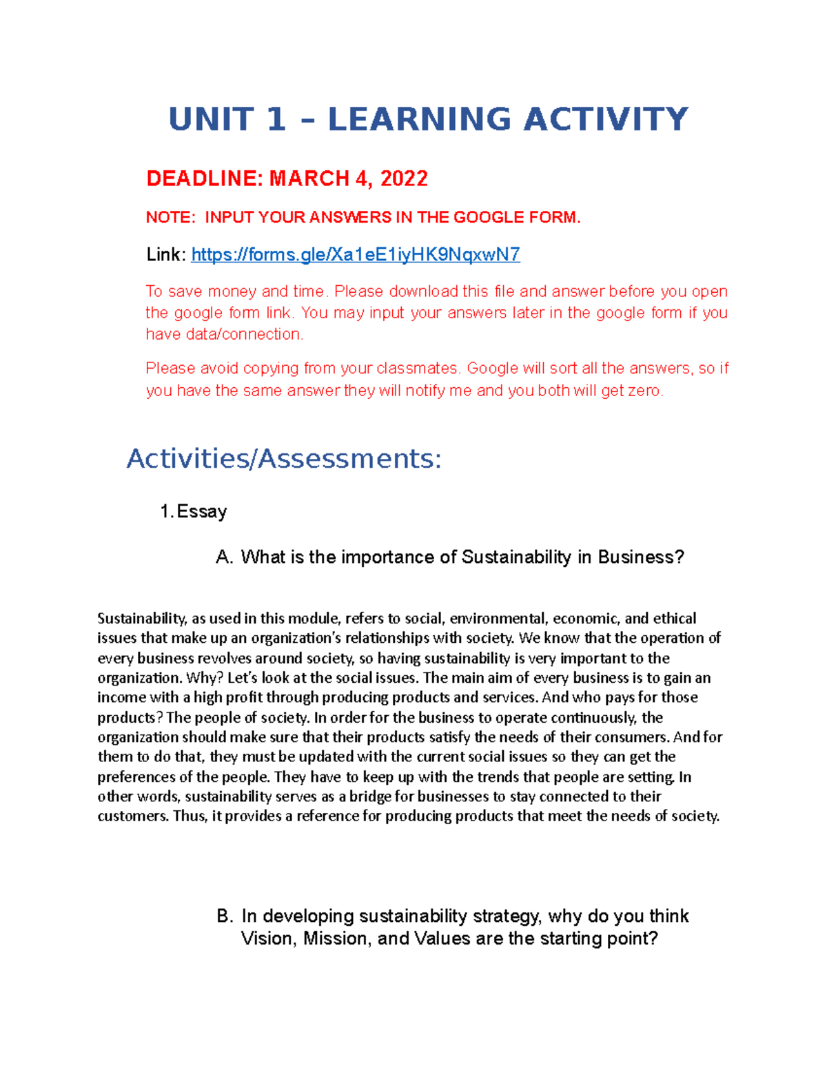 what is the importance of sustainability in business? - UNIT 1 ...