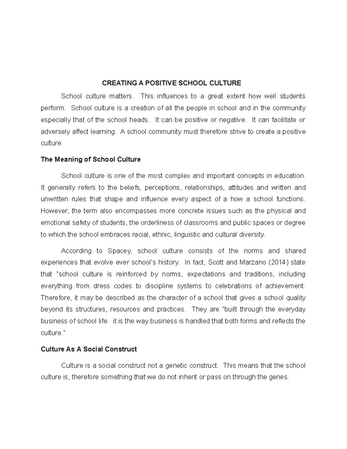 Creating A Positive School Culture - CREATING A POSITIVE SCHOOL CULTURE ...