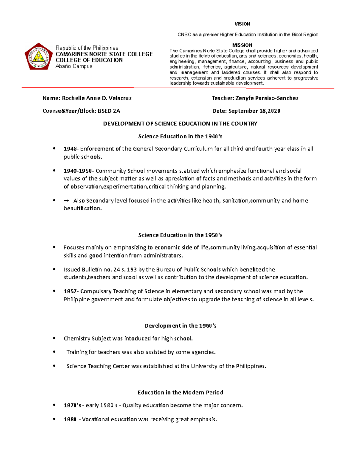 Activity 3 - bsa - VISION CNSC as a premier Higher Education ...