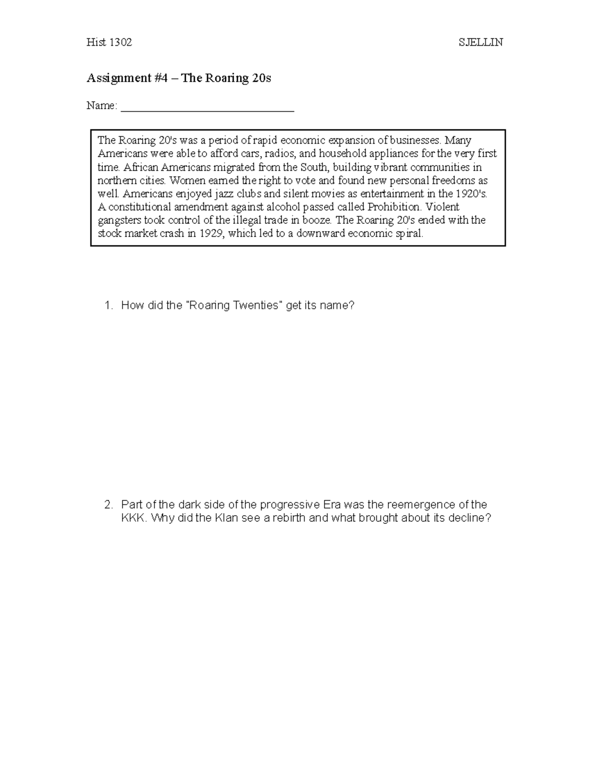 Assignment 04 The Roaring 20s - Hist 1302 SJELLIN Assignment #4 – The ...