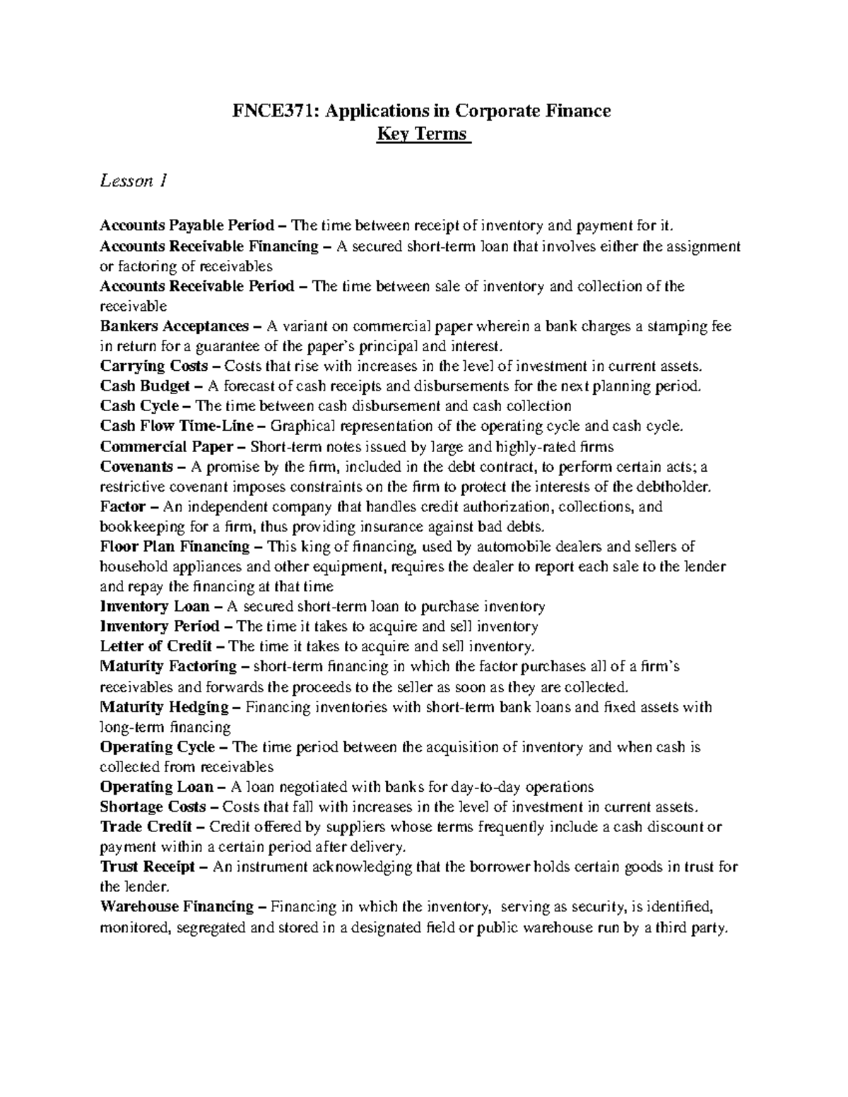 FNCE371 - Key Terms - FNCE371: Applications in Corporate Finance Key ...