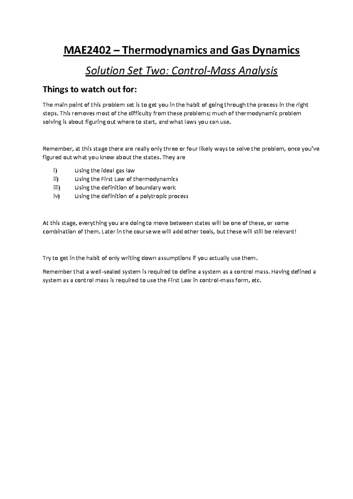 MAE2402 probelm set 2 - MAE2402 Thermodynamics and Gas Dynamics ...