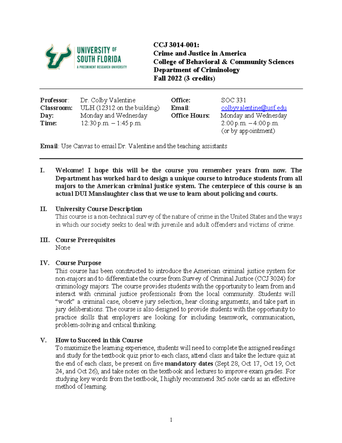 CCJ 3014 Syllabus Fall 2022 (Oct 1) - CCJ 3014-001: Crime and Justice ...