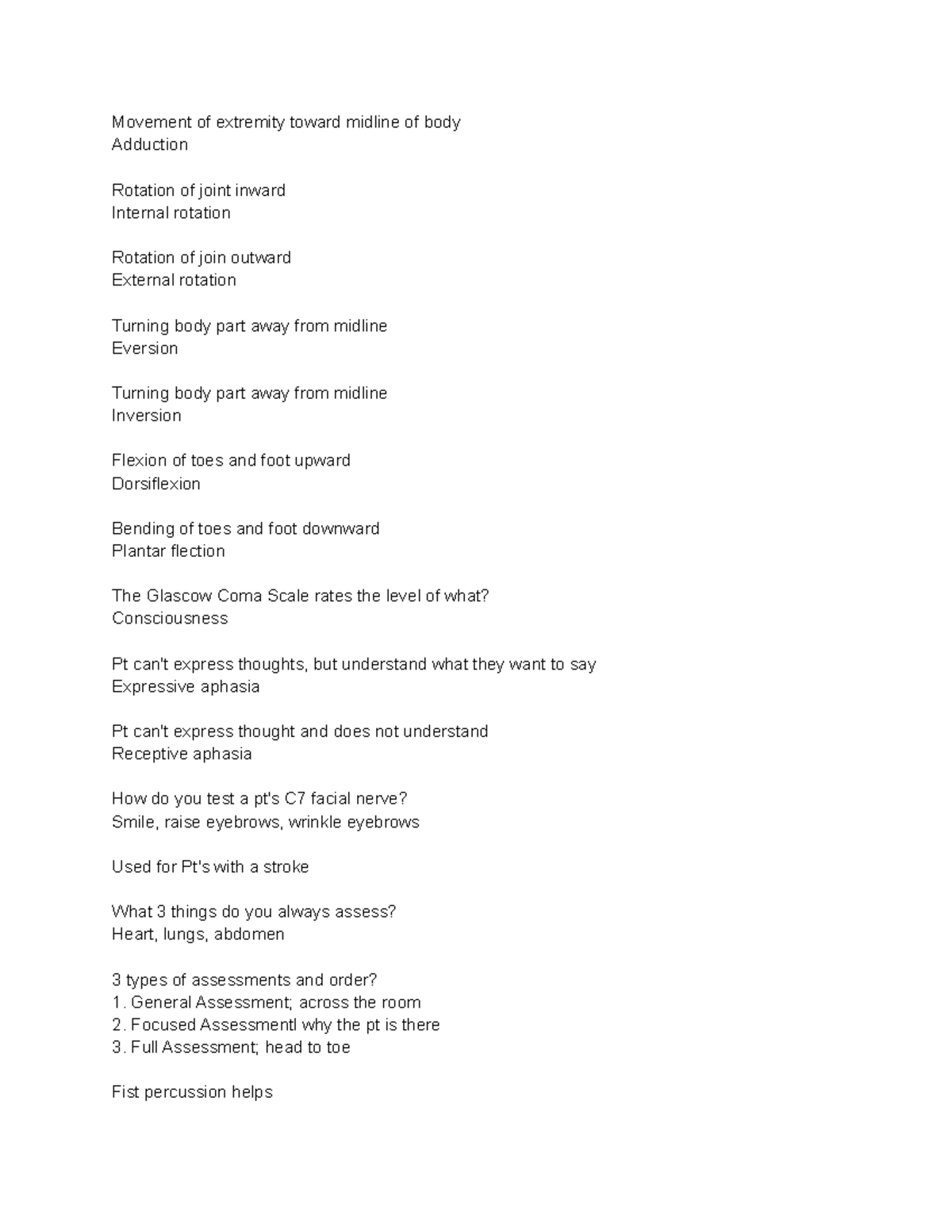 Anatomy Study Guide 5 - Movement of extremity toward midline of body ...