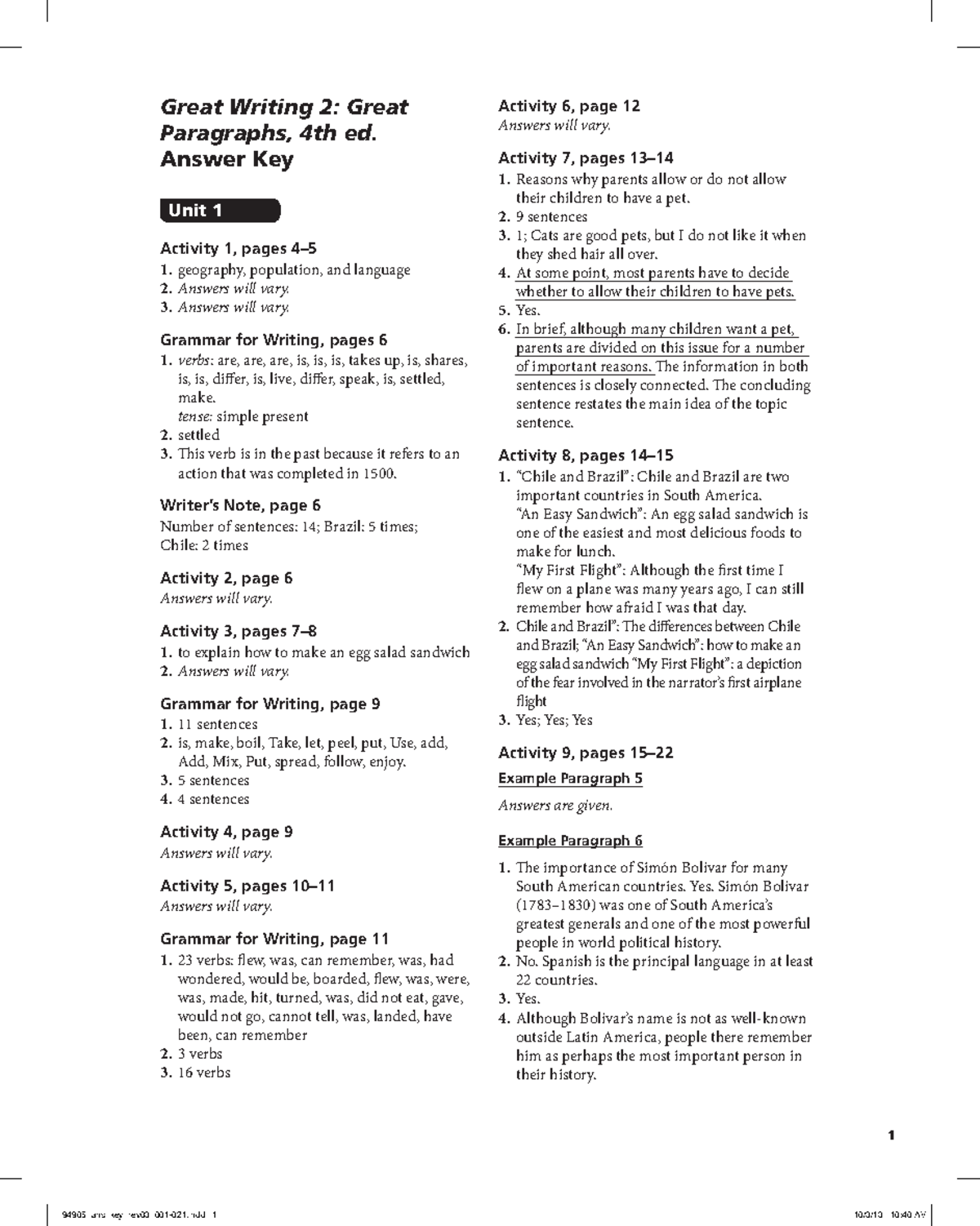 Great Writing 2 Answer Key - 1 Great Writing 2: Great Paragraphs, 4th ...