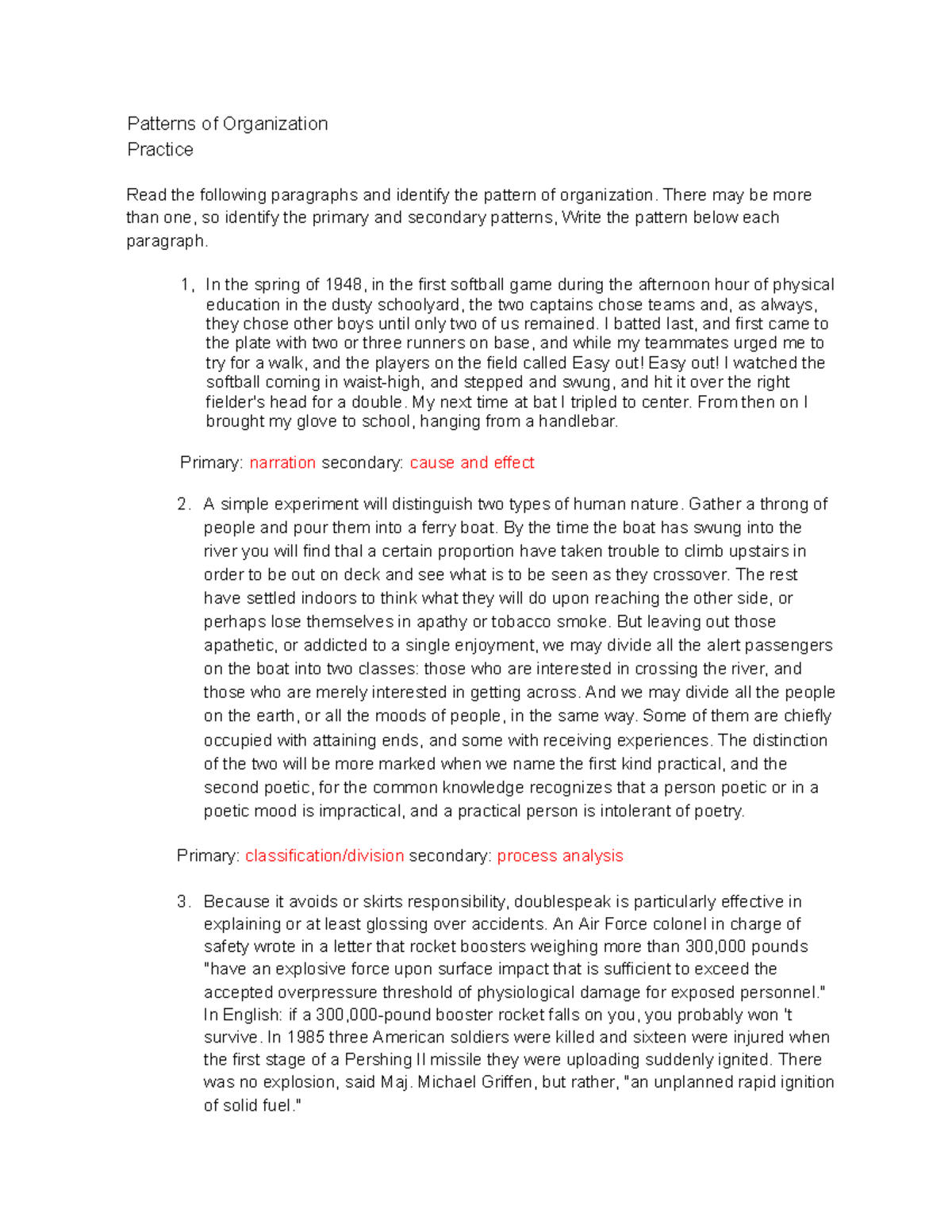 Patterns of Organization - Patterns of Organization Practice Read the ...