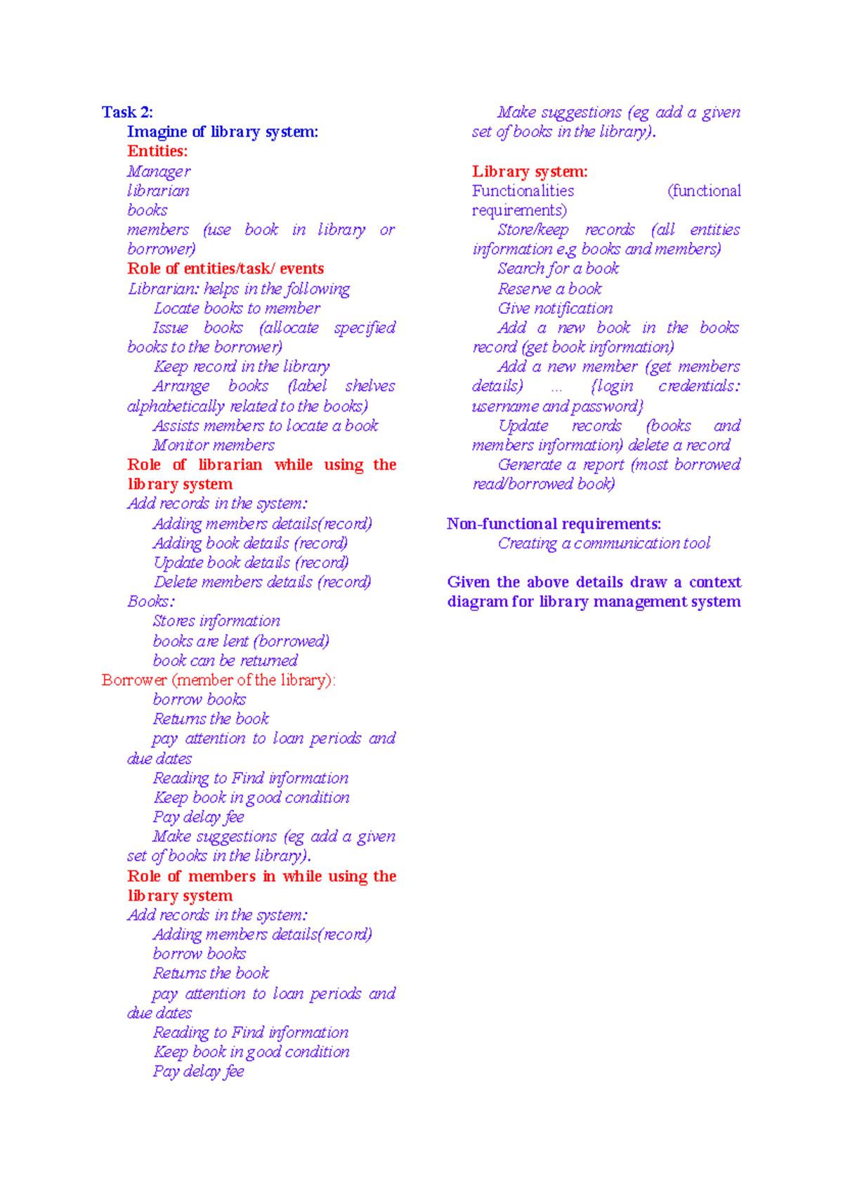 Task 2 - notes - Task 2: Imagine of library system: Entities: Manager ...