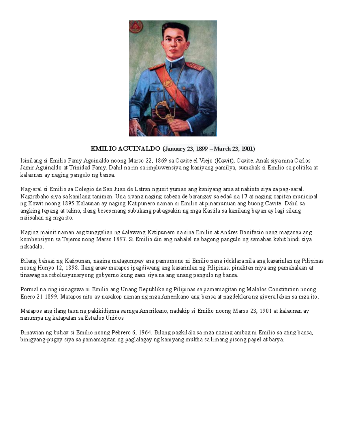 Manuel queson - EMILIO AGUINALDO (January 23, 1899 – March 23, 1901 ...