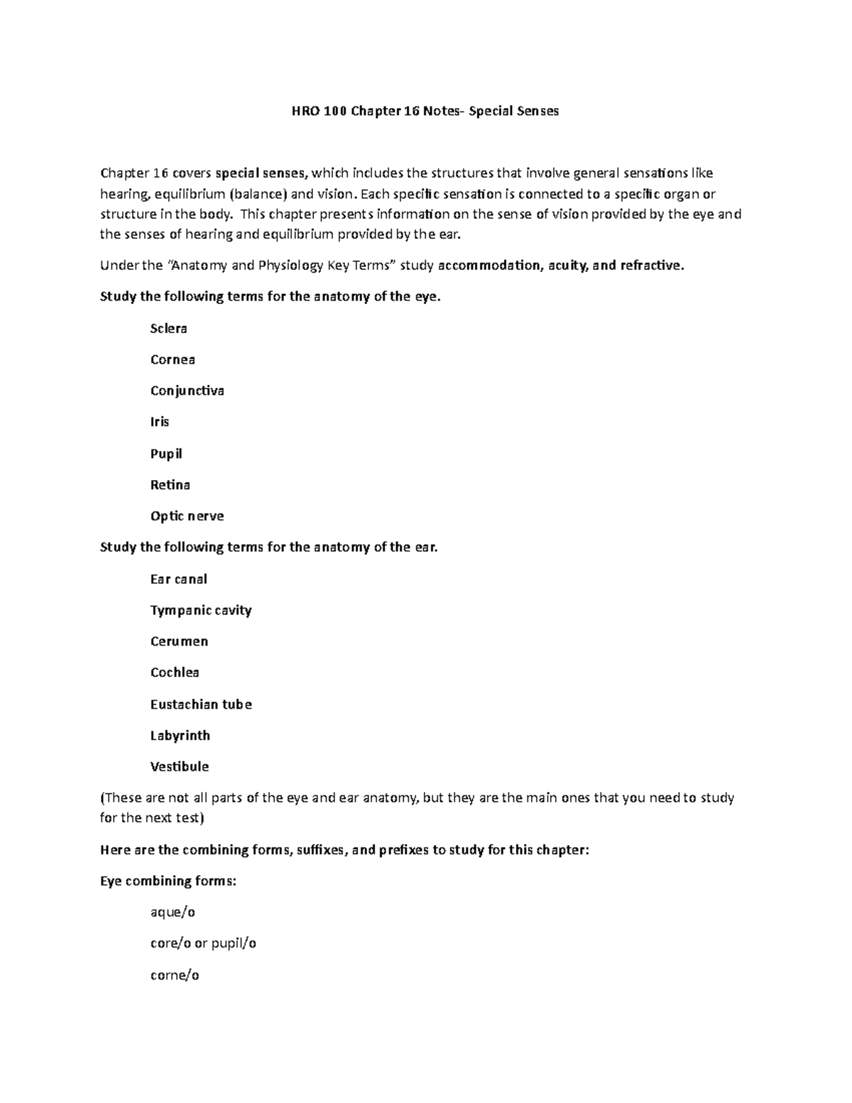 HRO 100 Chapter 16 Notes - HRO 100 Chapter 16 Notes- Special Senses ...