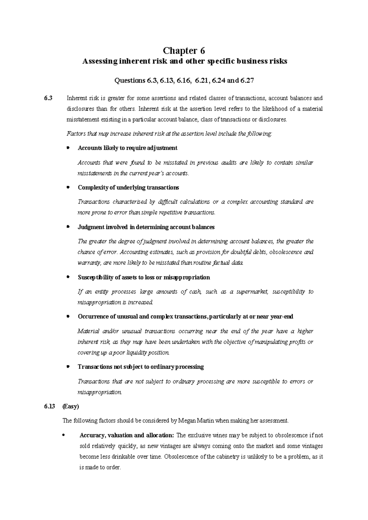 W4solutions - Week 4 Tutorial Questions - Chapter 6 Assessing inherent risk and other specific ...