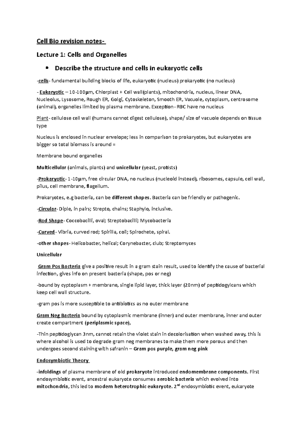Lecture 1 notes cells and organelles - Cell Bio revision notes- Lecture ...