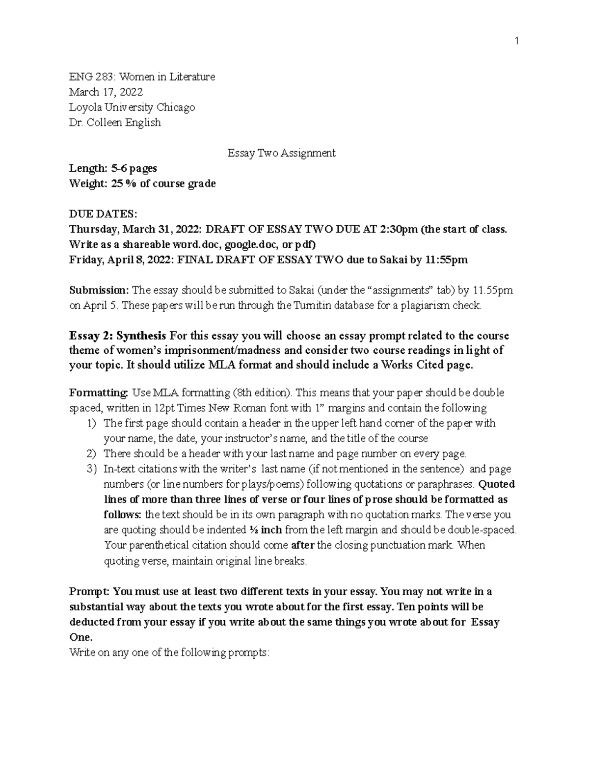 ENGL283Essay Two - Women's Literature Essay - 1 ENG 283: Women in ...