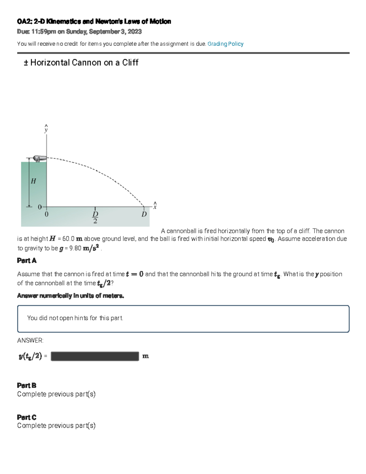 OA2 2-D Kinematics and Newton's Laws of Motion - Grading Policy ± ...