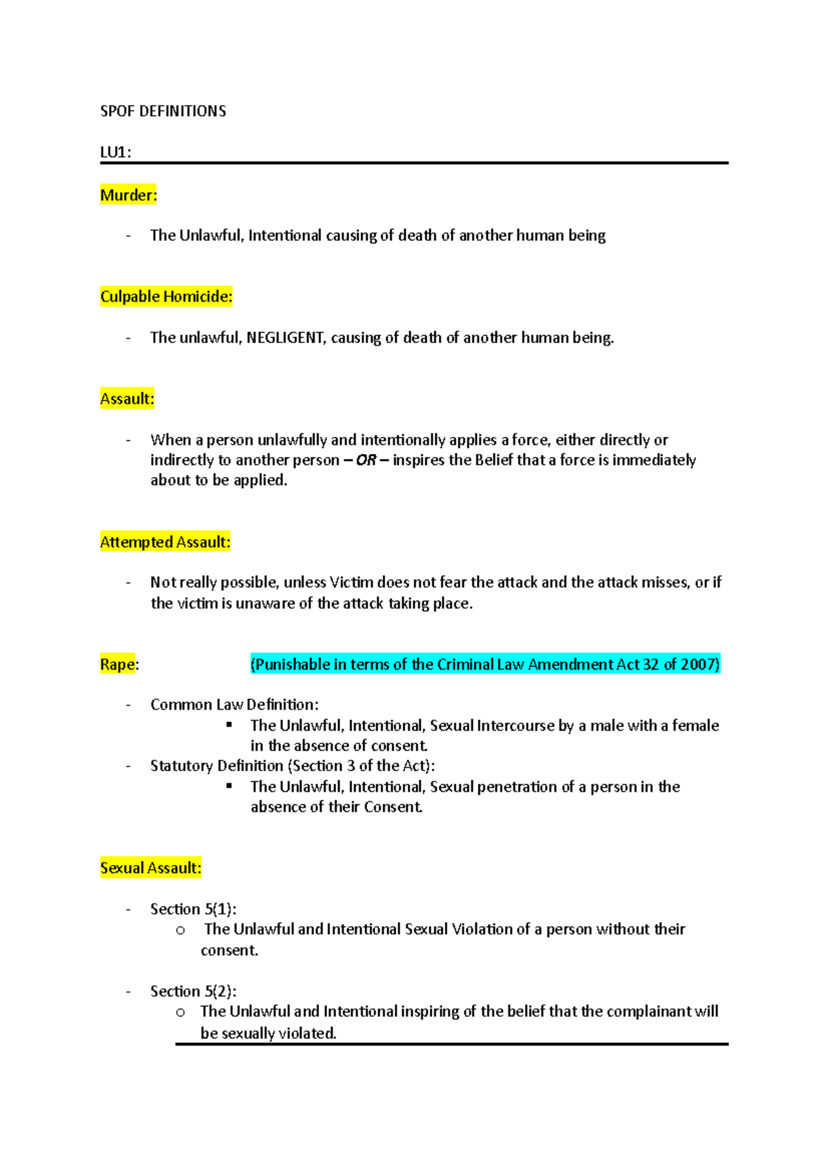 SPOF Definitions - SPOF DEFINITIONS LU1: Murder: The Unlawful ...
