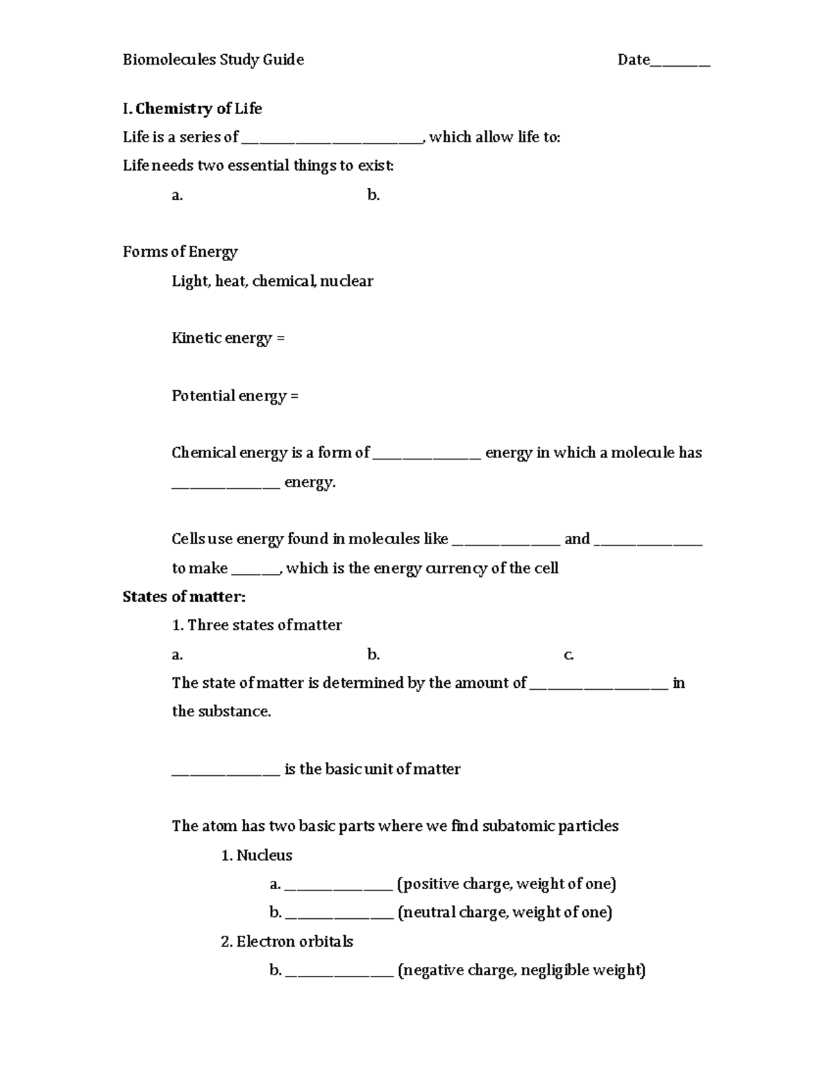3 - Biomolecules Study Guide-1 - I. Chemistry of Life Life is a series ...