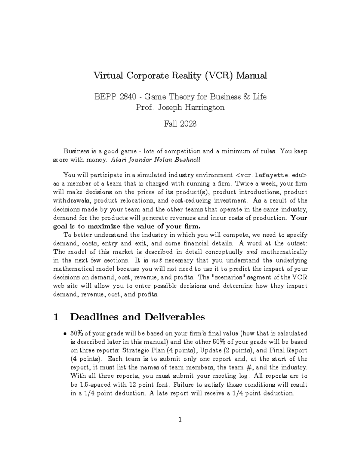 VCR Manual F23 - Virtual Corporate Reality (VCR) Manual BEPP 2840 ...