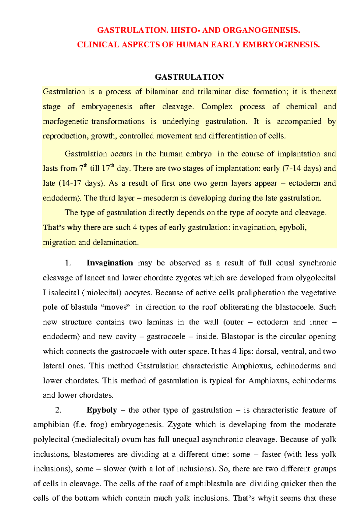 06 Gastrulation. Histo- and Organogenesis. Clinical aspects of human ...