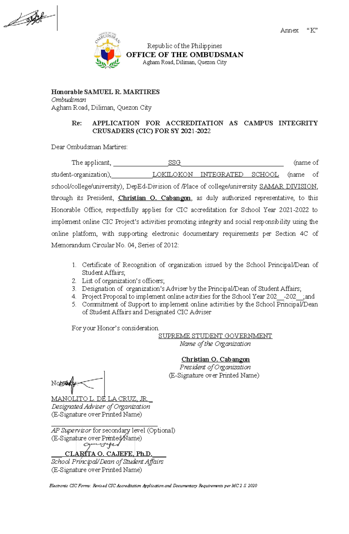 Manuh CIC Application Forms per Sec - Annex “K” Republic of the ...