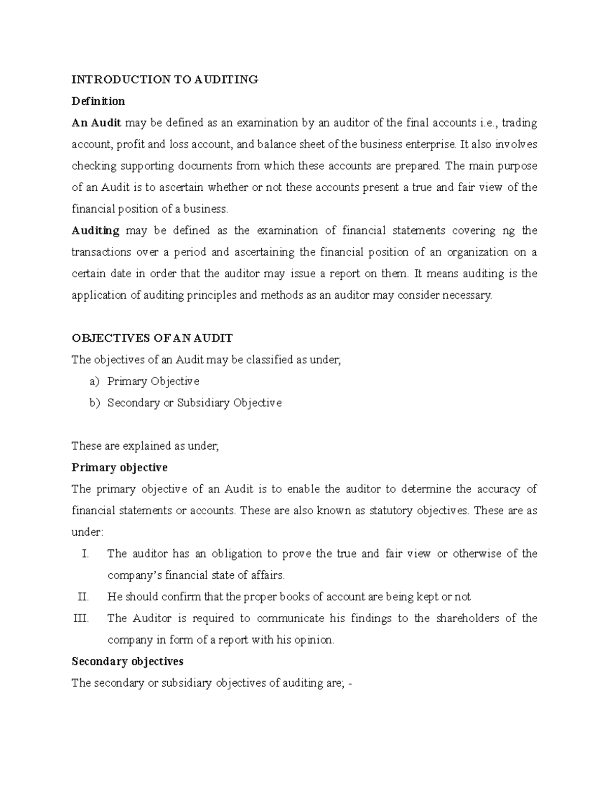 Introduction TO Auditing - INTRODUCTION TO AUDITING Definition An Audit may be defined as an ...