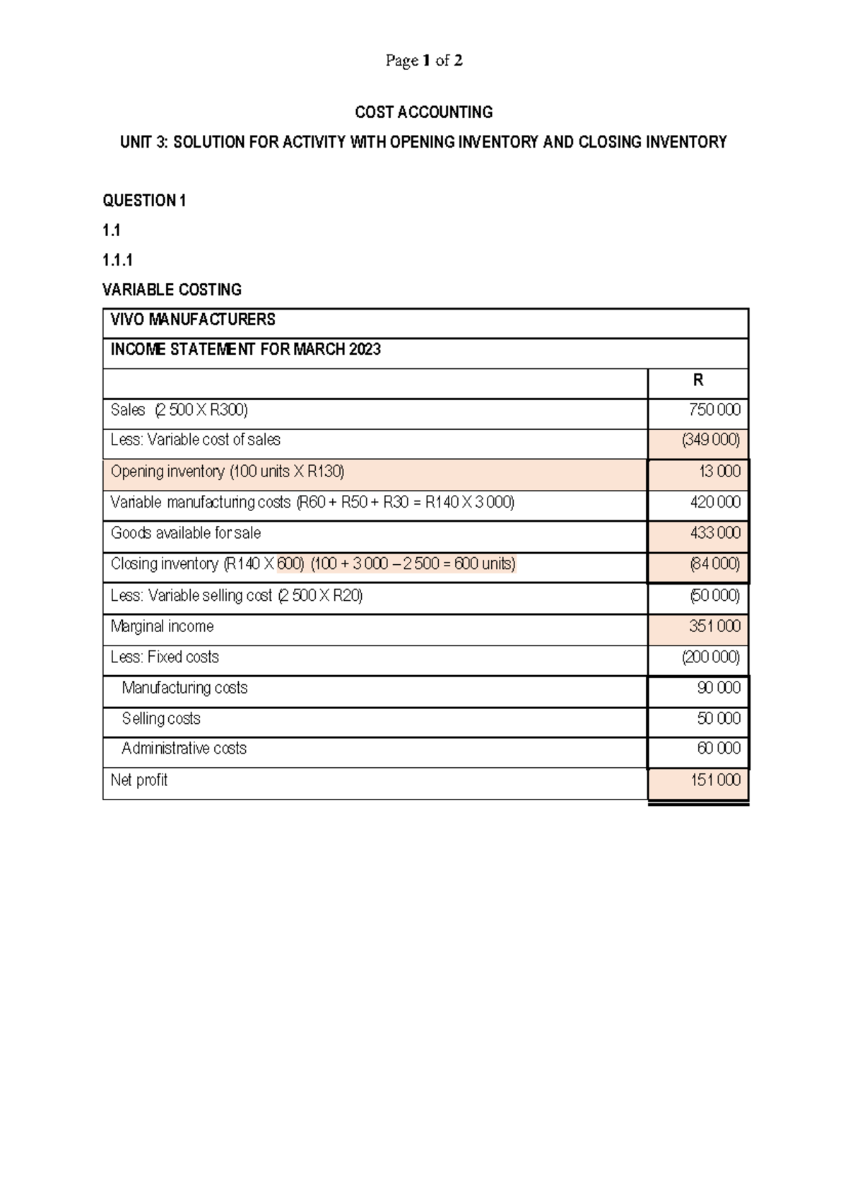 COST ACC UNIT 3 WITH Opening Inventory MEMO FOR Q1 - Page 1 of 2 COST ...