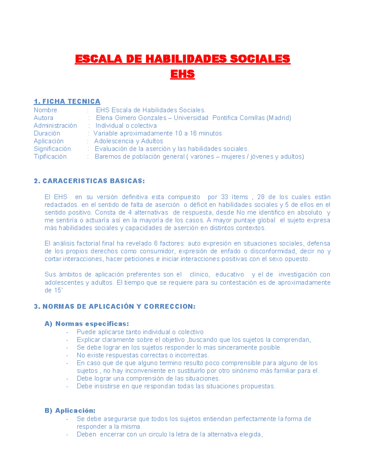 Prueba de Escala DE Habilidades Sociales - ESCALA DE HABILIDADES SOCIALES EHS 1. FICHA TECNICA ...