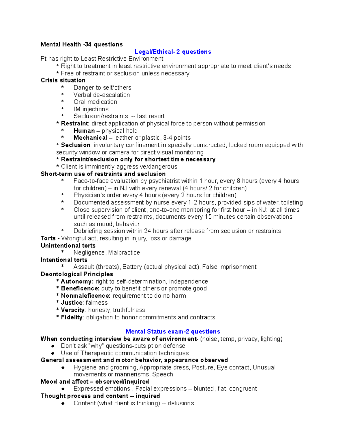 FInal Exam All inclusive - Mental Health -34 questions Legal/Ethical- 2 ...