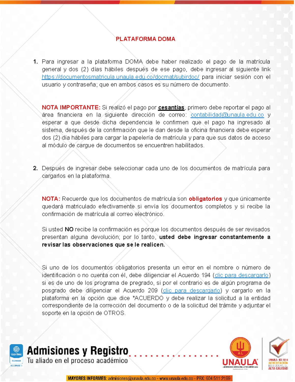 Plataforma DOMA - unaula.edu/docmat/subirdoc/ para iniciar sesión con ...