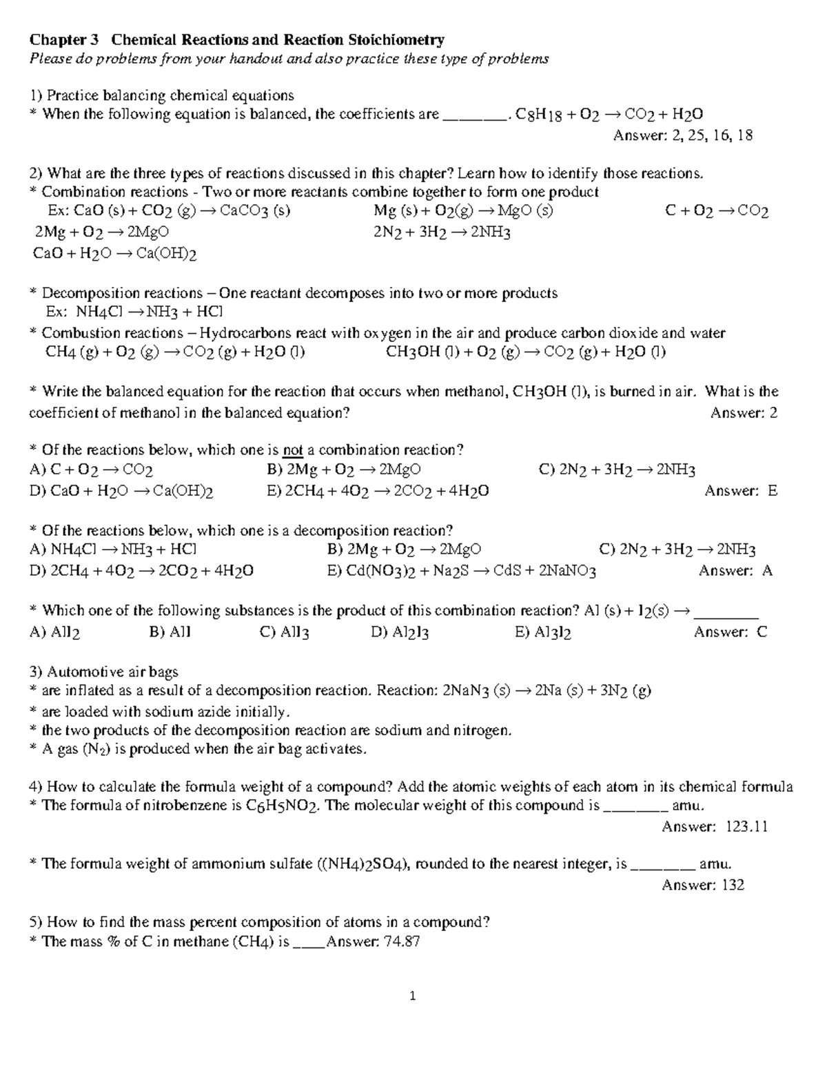 Test review 1- Chapter 03 - 1 Chapter 3 Chemical Reactions and Reaction ...