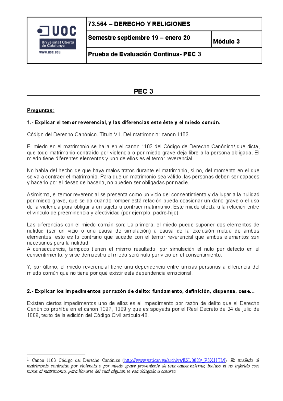 73.564 SOL PEC 3 - 73 – DERECHO Y RELIGIONES Semestre septiembre 19 – enero 20 Módulo 3 Prueba ...