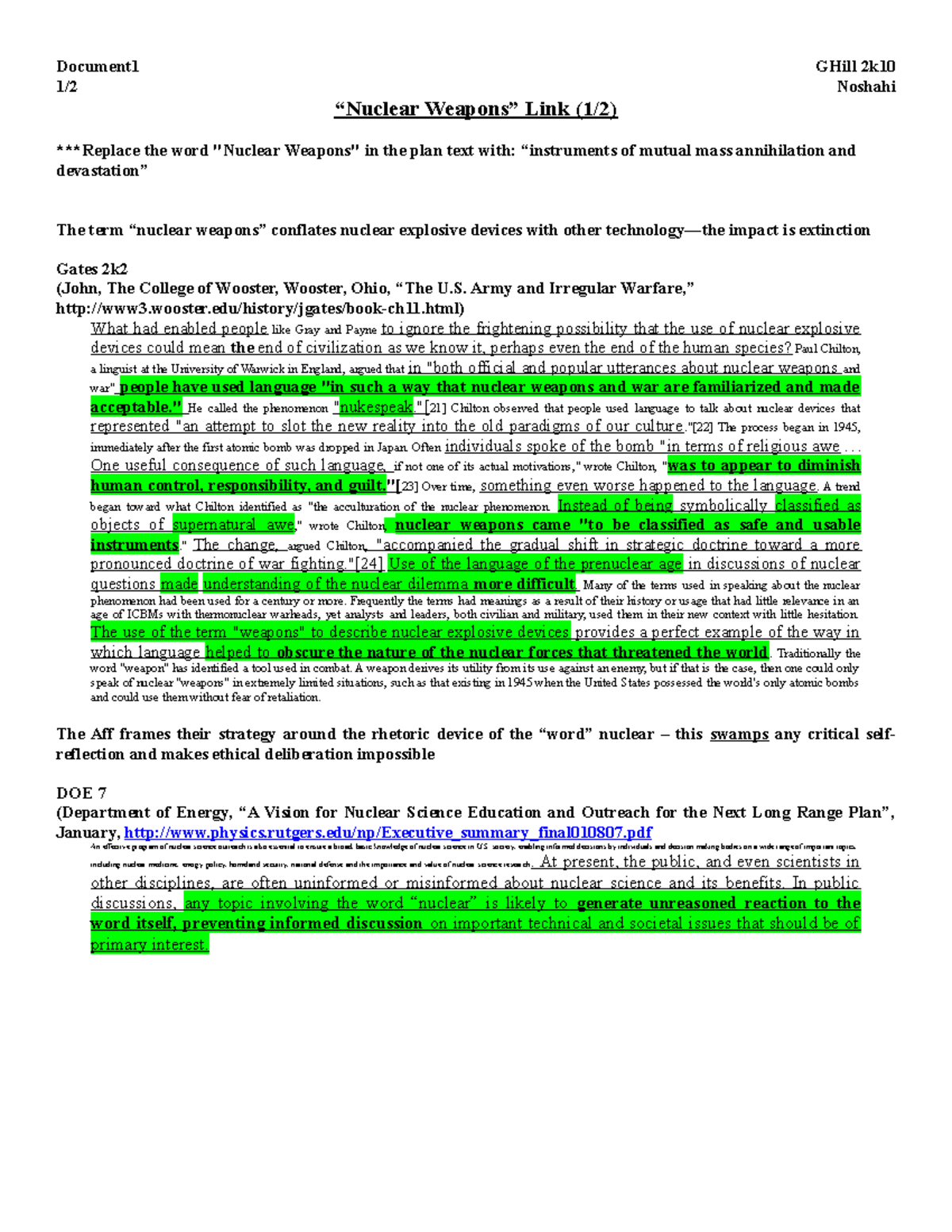 Nuclear Weapons PIC - Plan Inclusive Counterplan - Document1 GHill 2k 1 ...