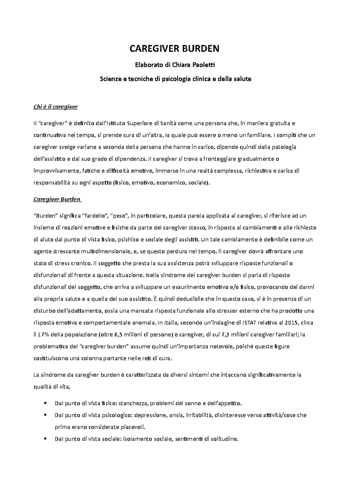 Elaborato - CAREGIVER BURDEN Elaborato di Chiara Paoletti Scienze e ...