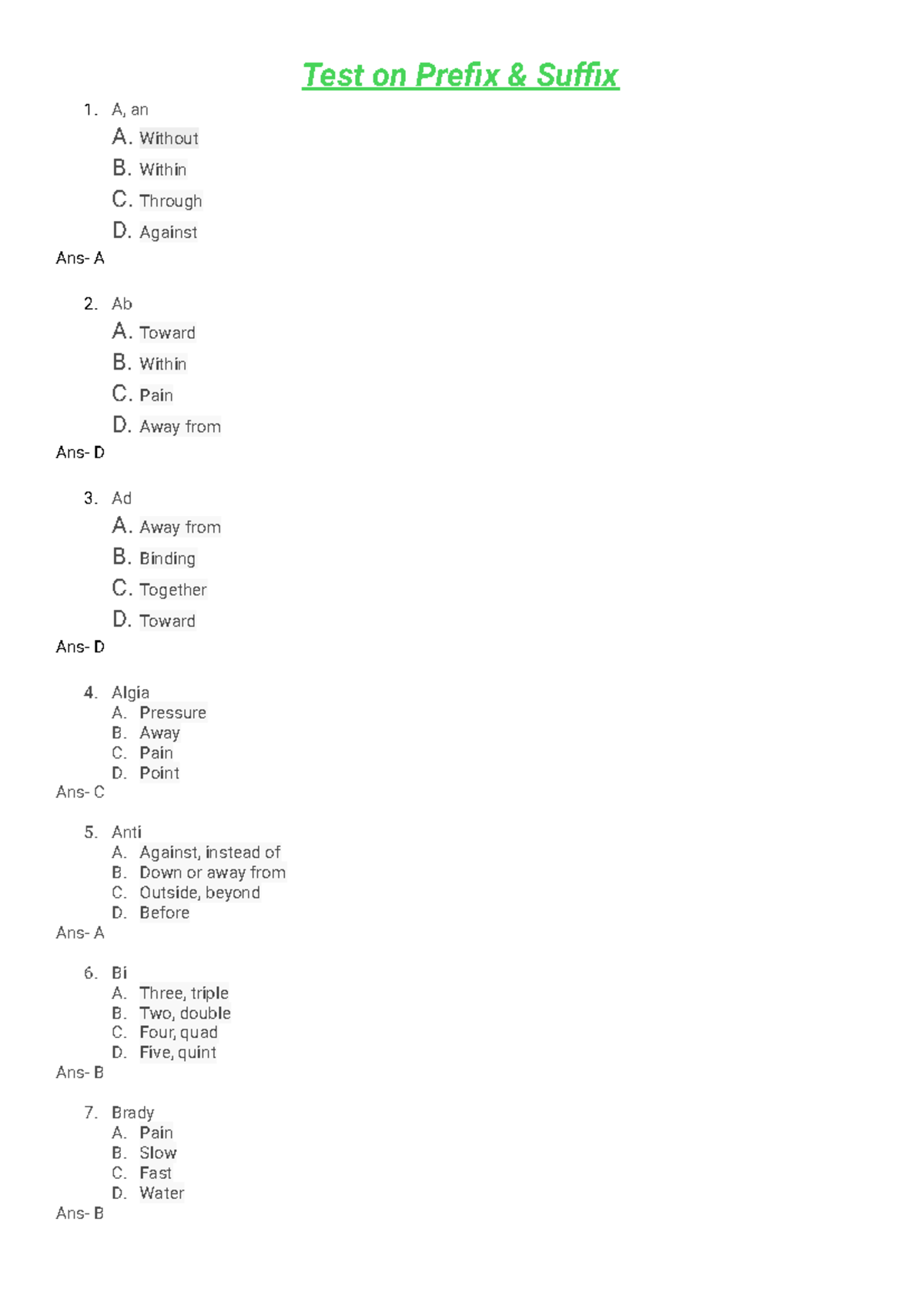 1. MCQ Test on Prefix & Suffixes - Test on Prefix & Suffix 1. A, an A ...