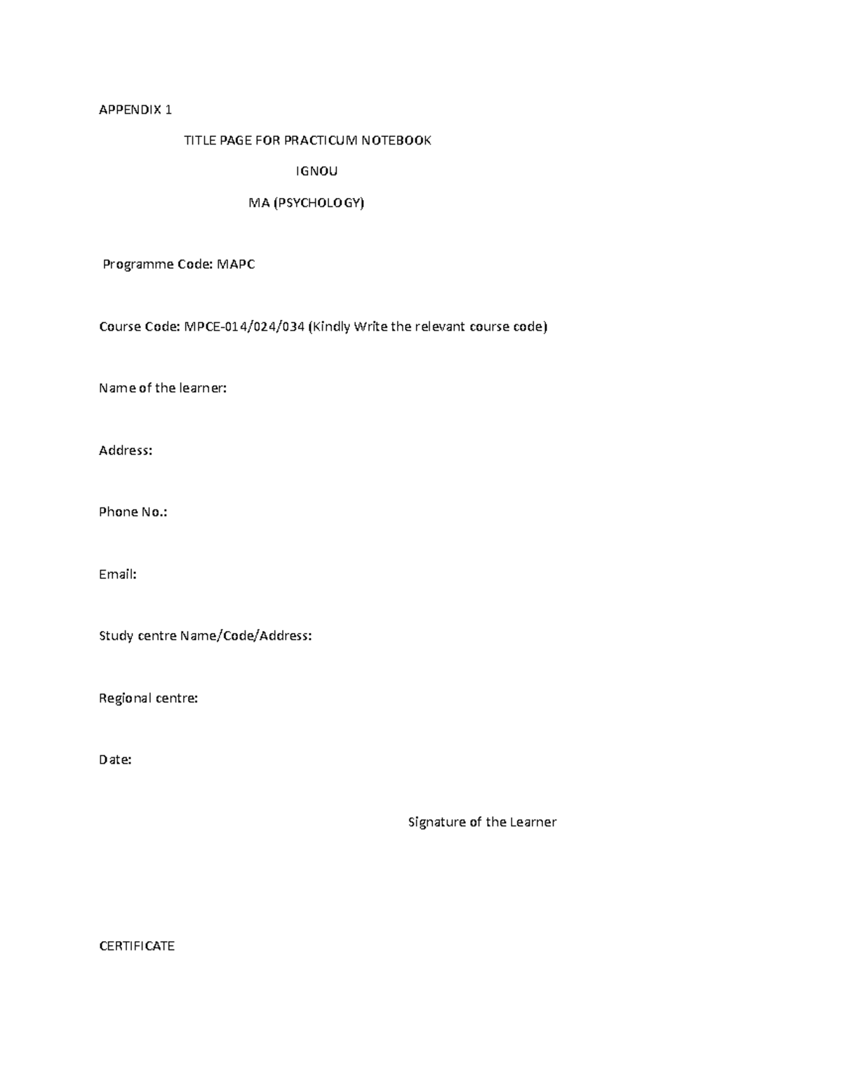 Mpcl 07 - MAPC - APPENDIX 1 TITLE PAGE FOR PRACTICUM NOTEBOOK IGNOU MA (PSYCHOLOGY) Programme ...
