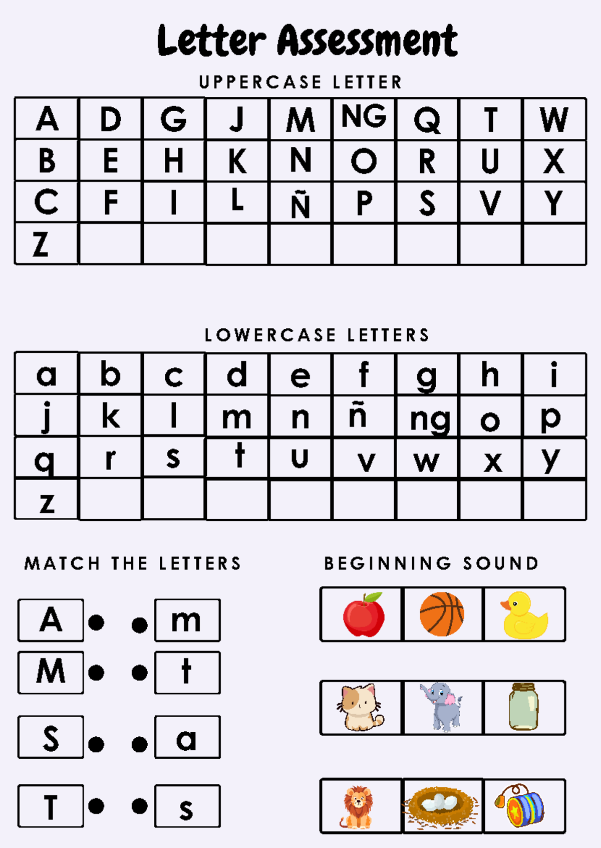 Kinder Assessment - Professional Teaching - k l m n ng q U P P E R C A S E L E T T E R A D G J M ...