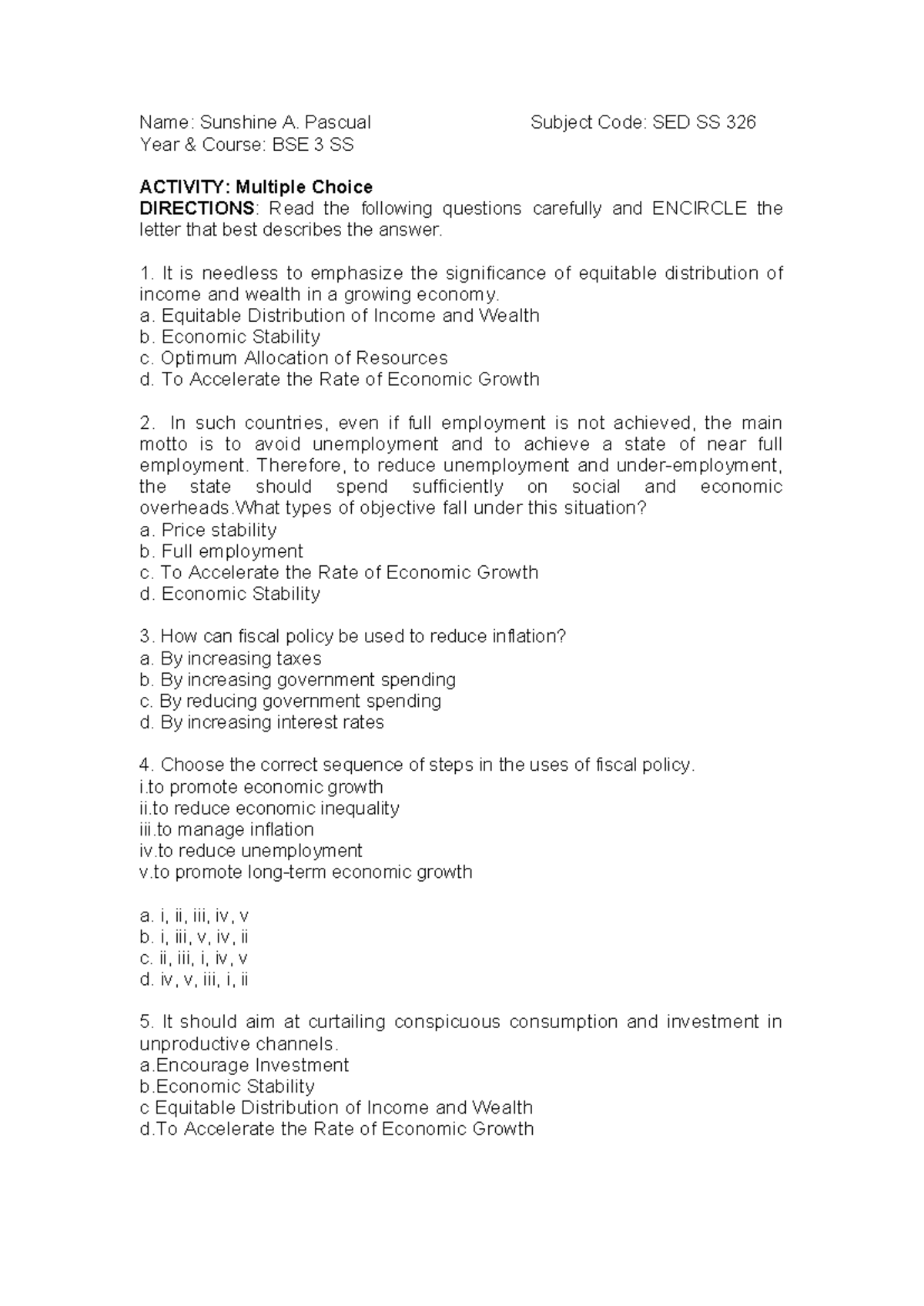 Different Types OF TEST - Year & Course: BSE 3 SS ACTIVITY: Multiple ...