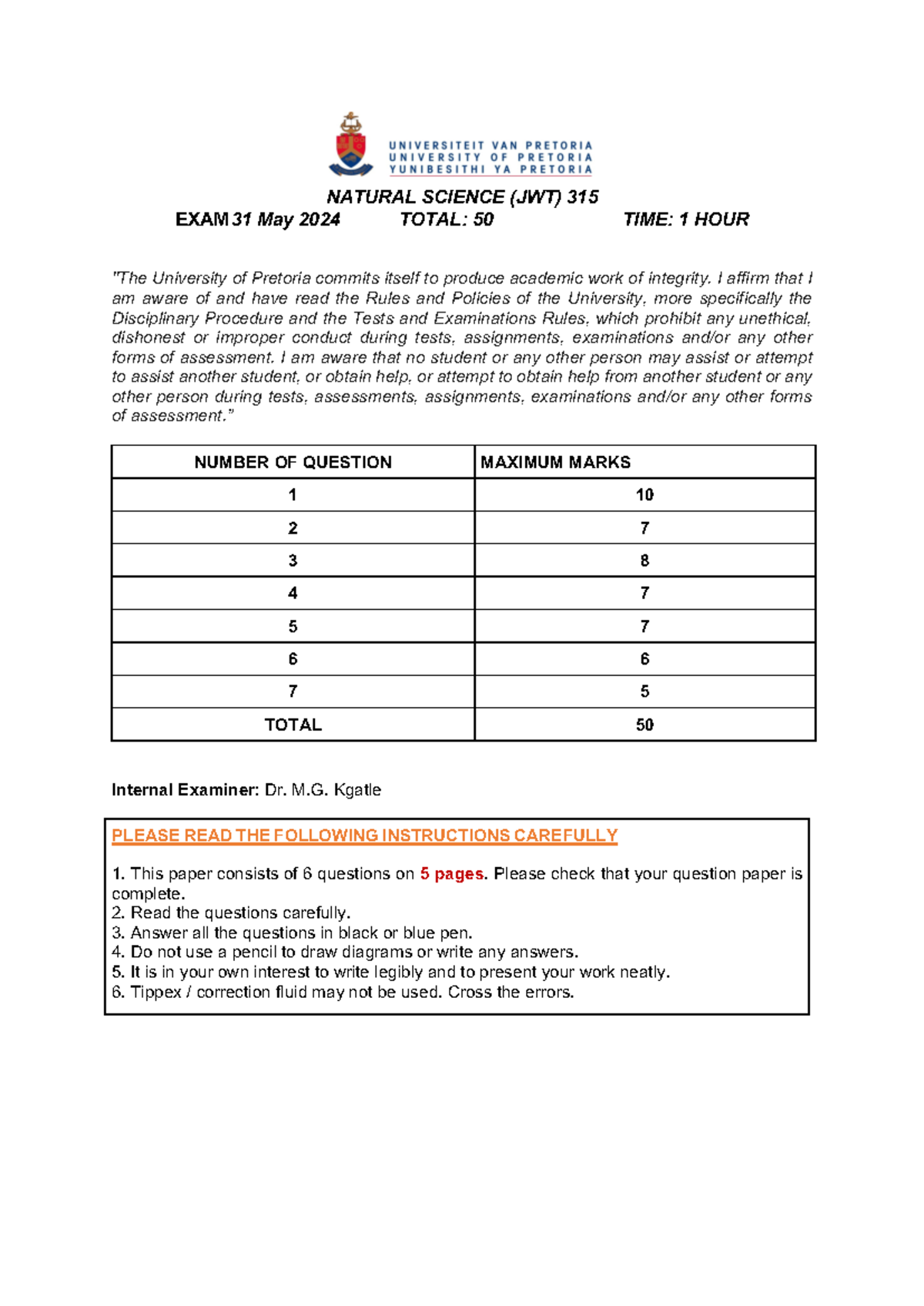 JWT315 Deferred Test 2024 MEMO MR RRDJ Final - NATURAL SCIENCE (JWT ...