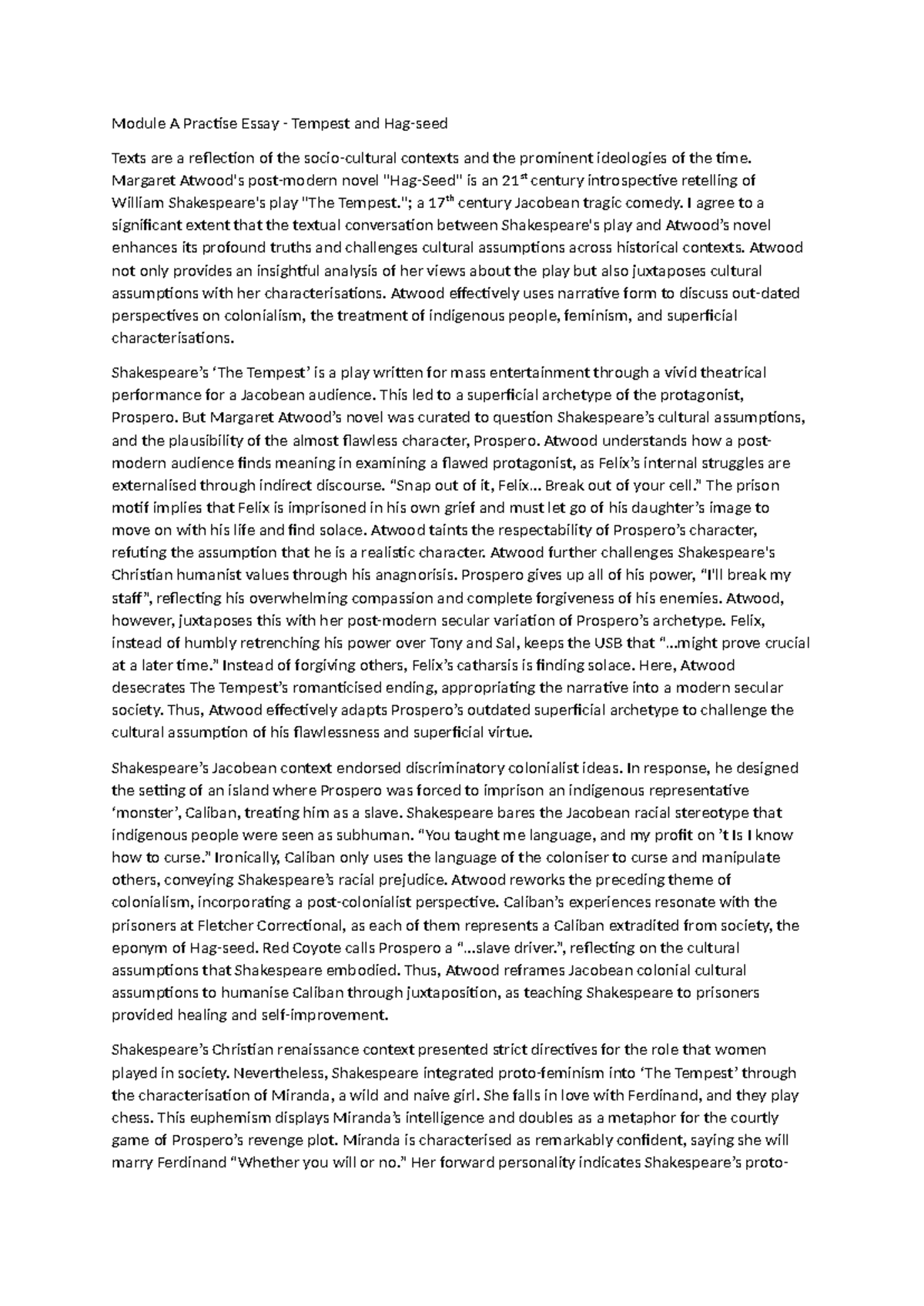 English Mod A Practise Essay - Module A Practise Essay - Tempest and ...