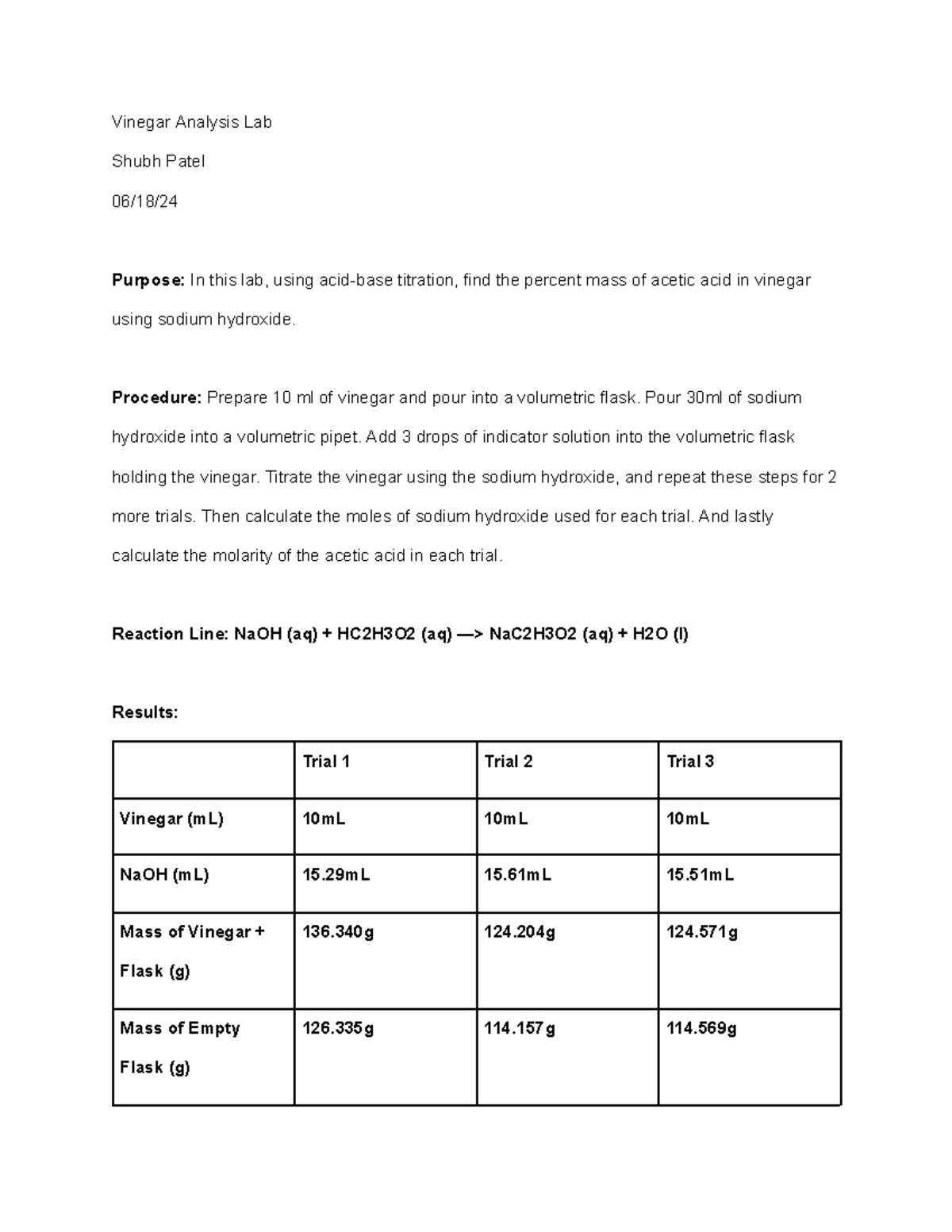Vinegar Analysis Lab - Vinegar Analysis Lab Shubh Patel 06/18/ Purpose ...