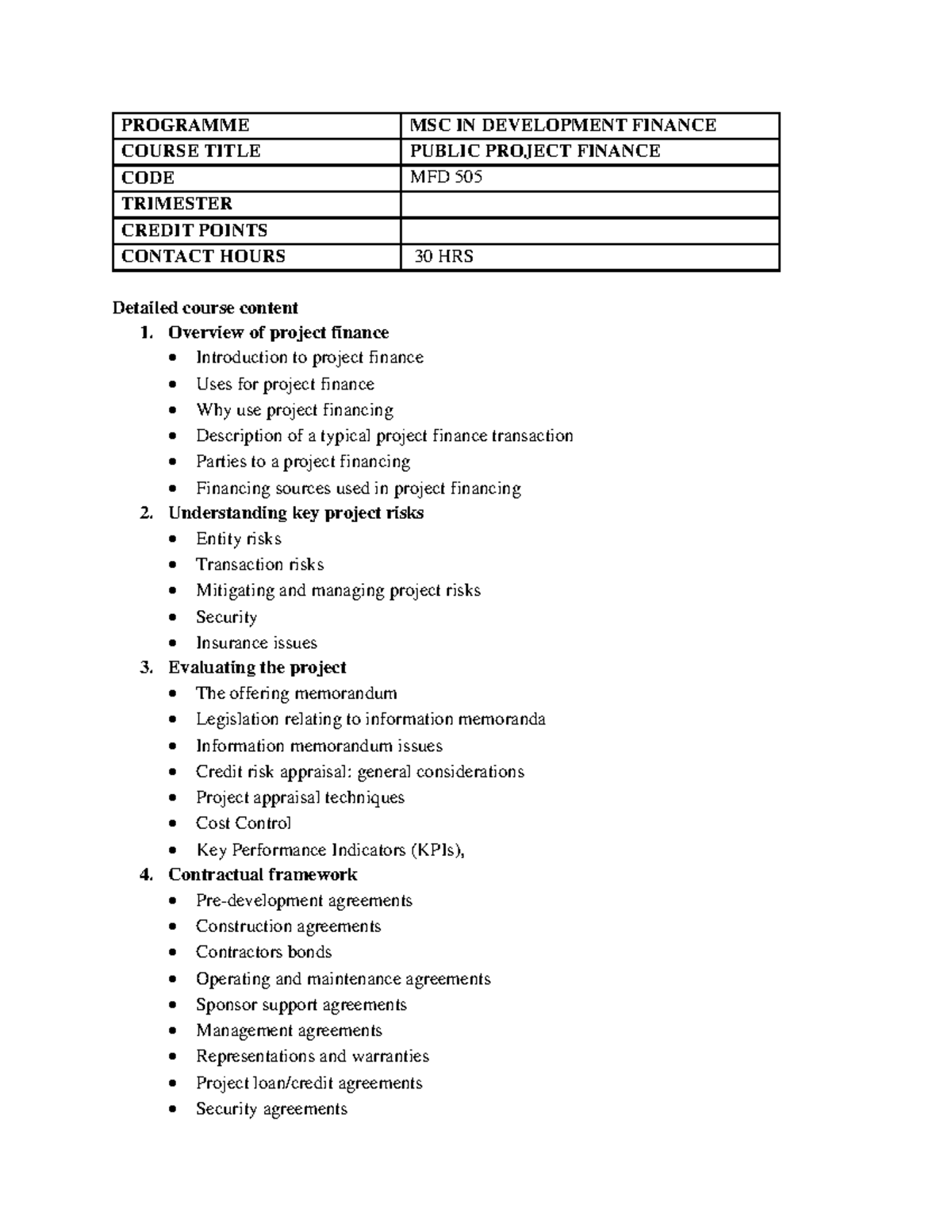 Course outline public project finance revised - PROGRAMME MSC IN DEVELOPMENT FINANCE COURSE ...