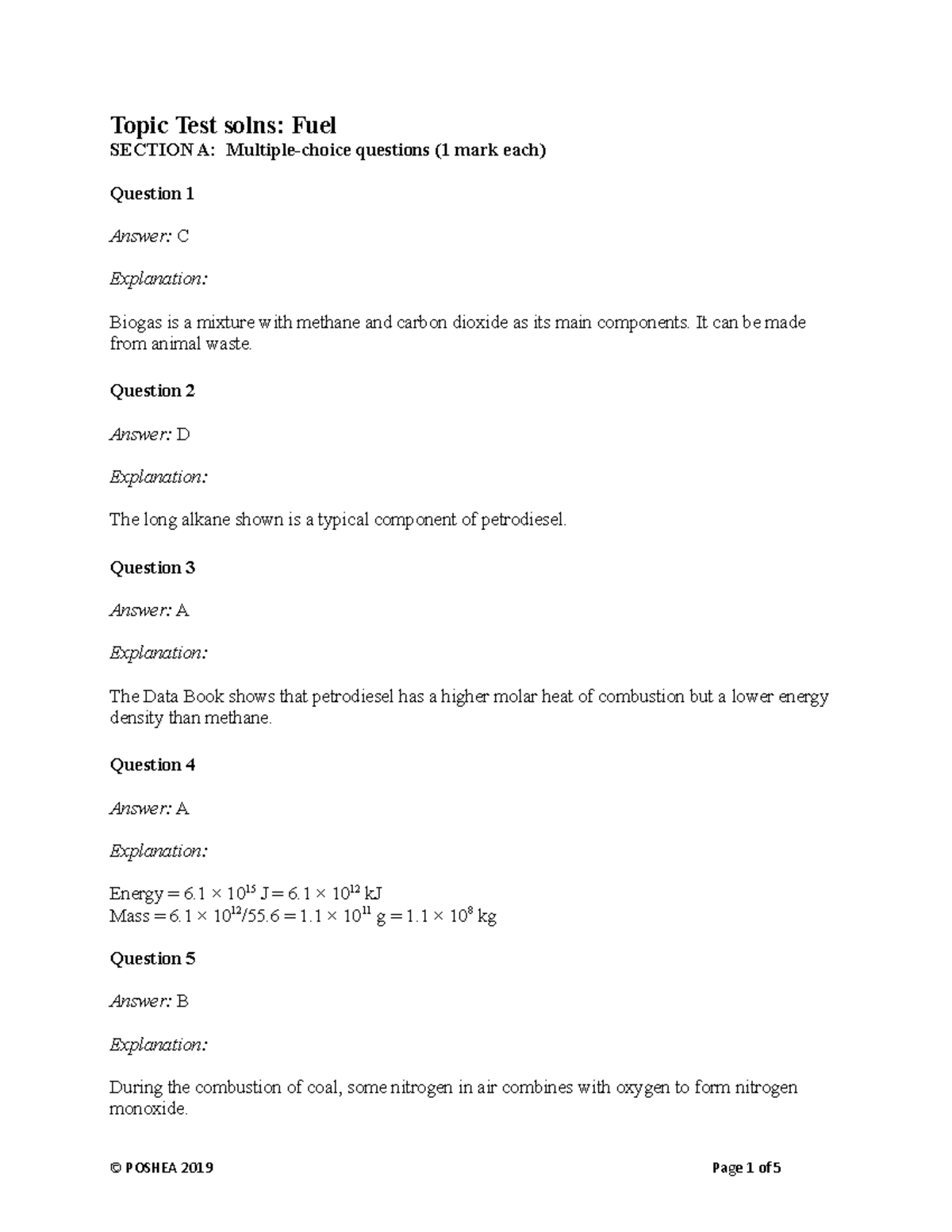 Fuel 2019 topic test- solutions - Topic Test solns: Fuel SECTION A ...