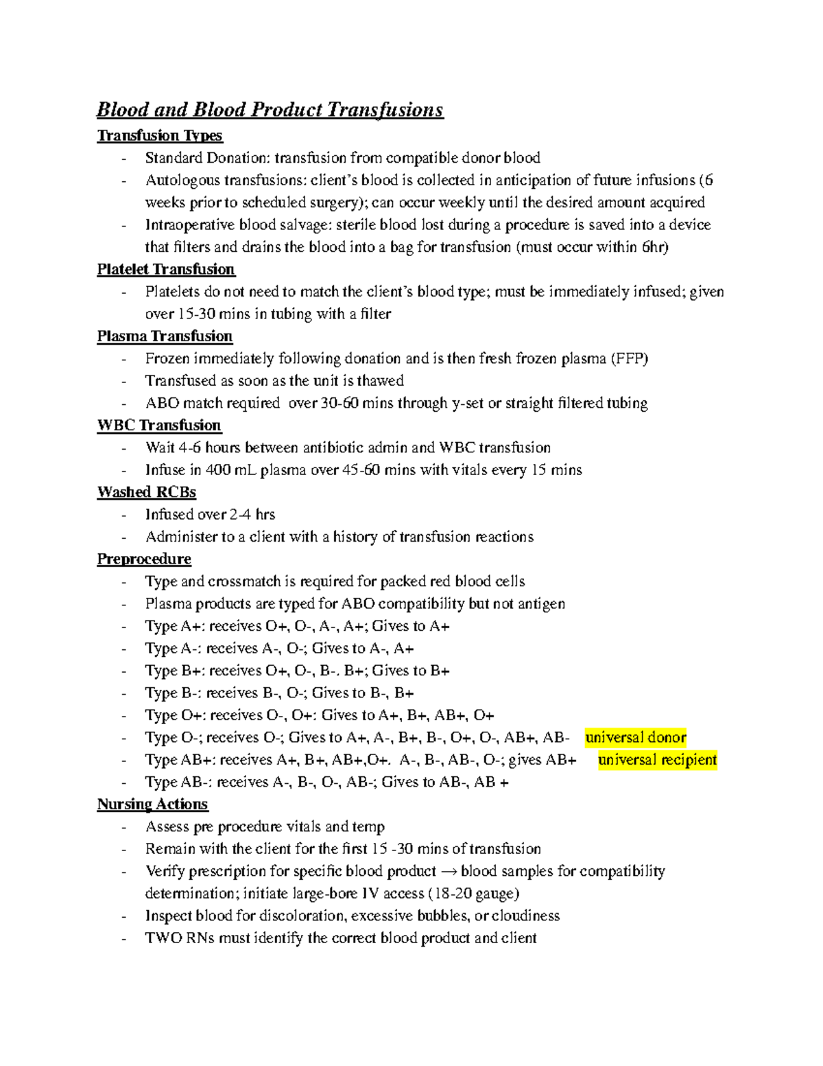 Med Surg Blood Admin IVs PICC Study Guide Test 1 - Blood and Blood ...