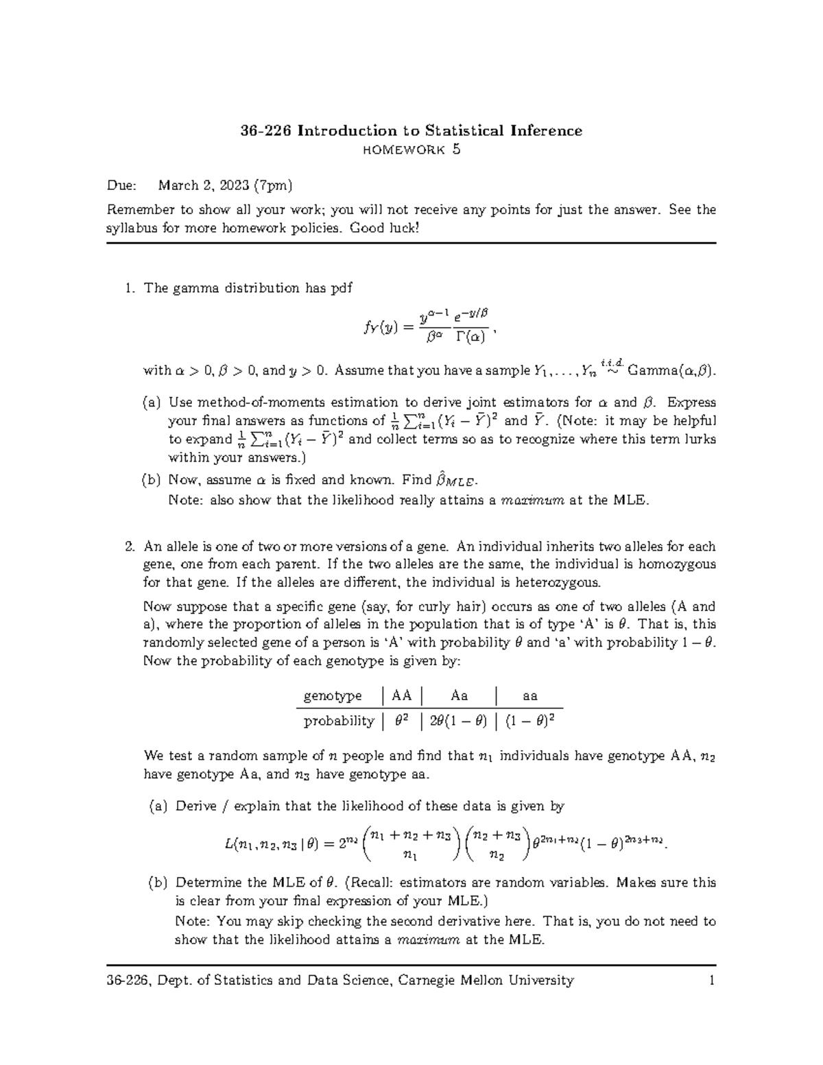 Homework 5 - hw5 - 36-226 Introduction to Statistical Inference homework 5 Due: March 2, 2023 ...