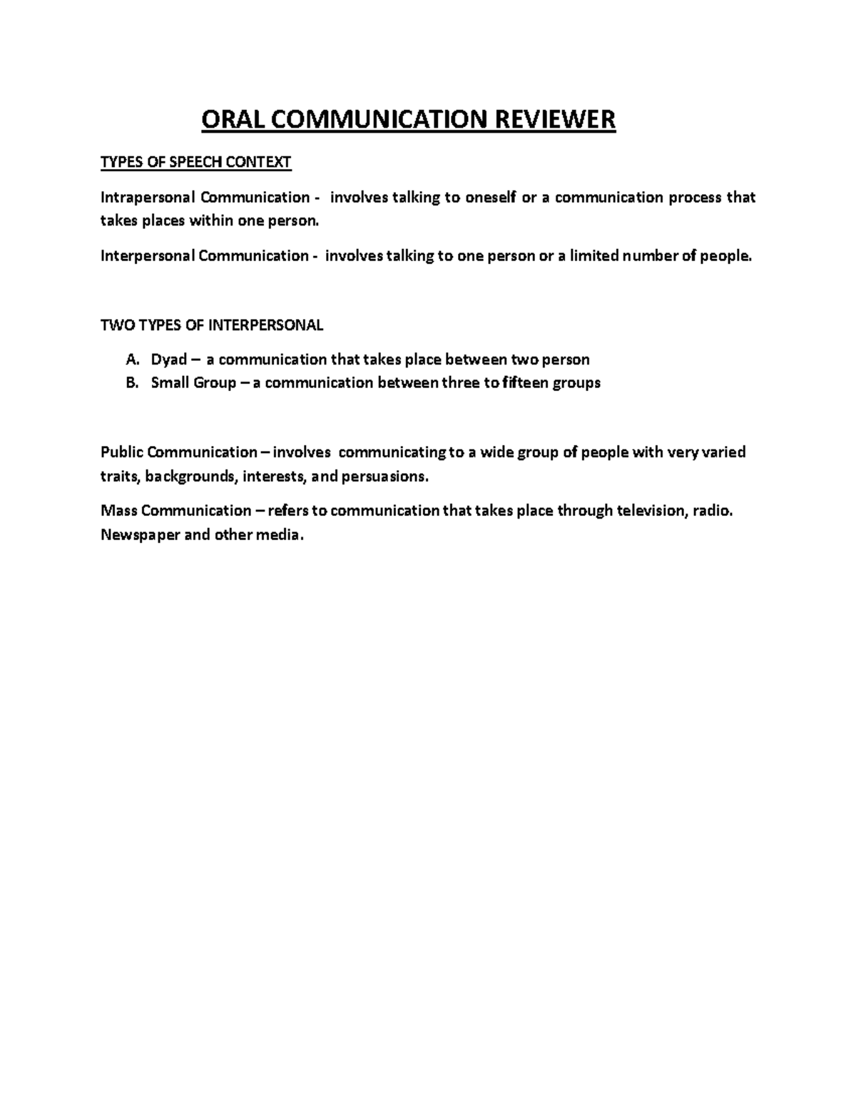 ORAL Communication Reviewer - ORAL COMMUNICATION REVIEWER TYPES OF ...
