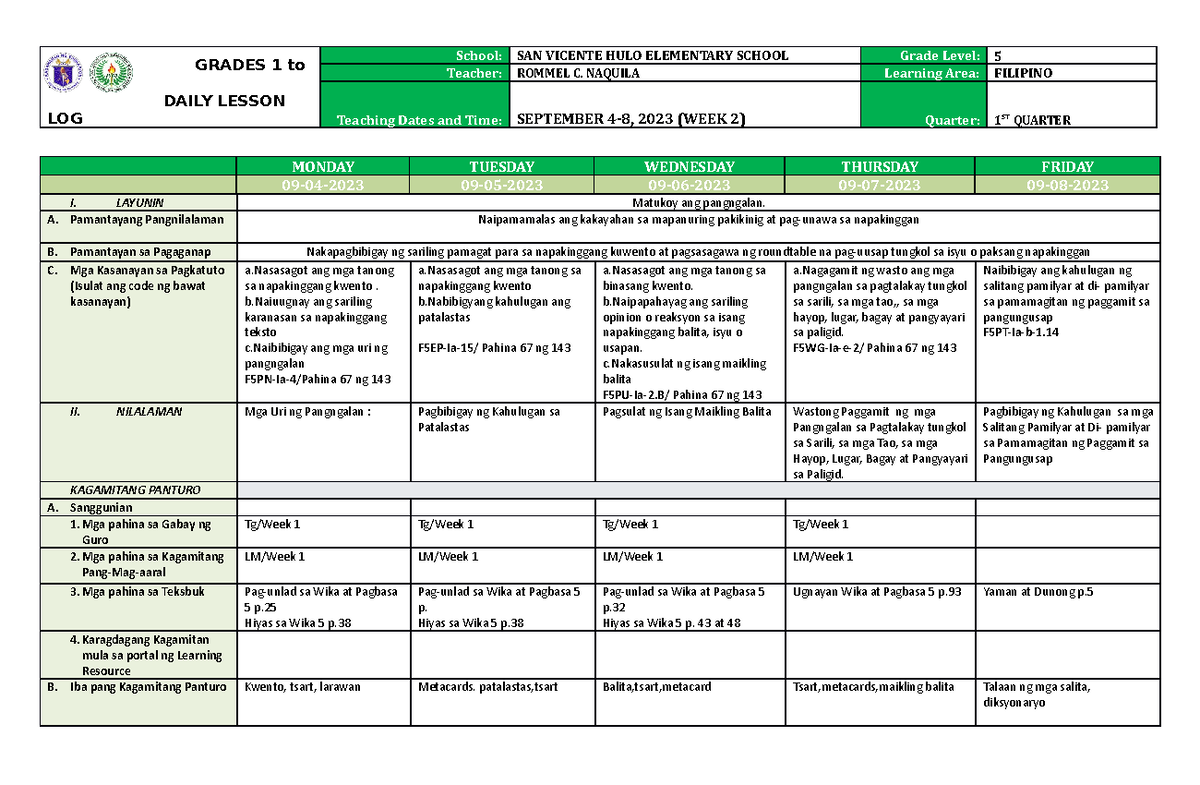 DLL Filipino 5 Q1 W2 - Daily Lesson Log - GRADES 1 to 12 DAILY LESSON ...