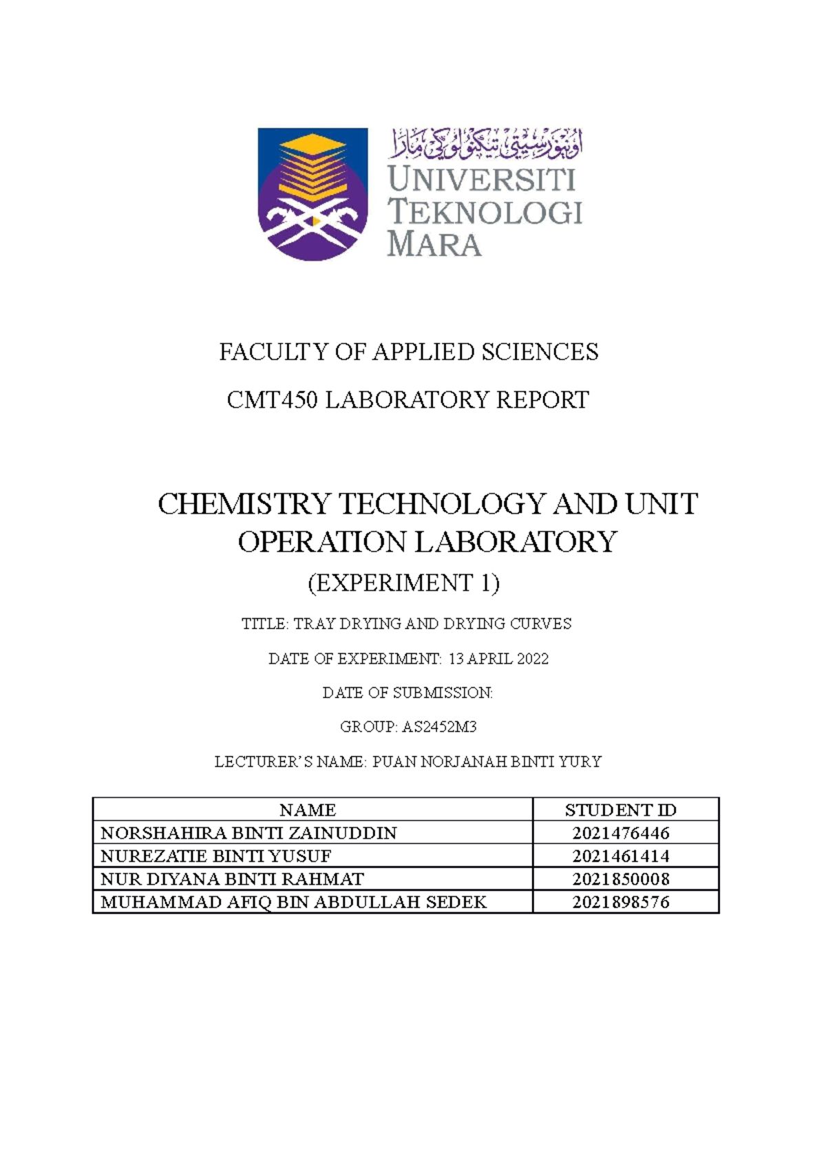 CMT450 LAB Report EXP 1 - FACULTY OF APPLIED SCIENCES CMT450 LABORATORY ...
