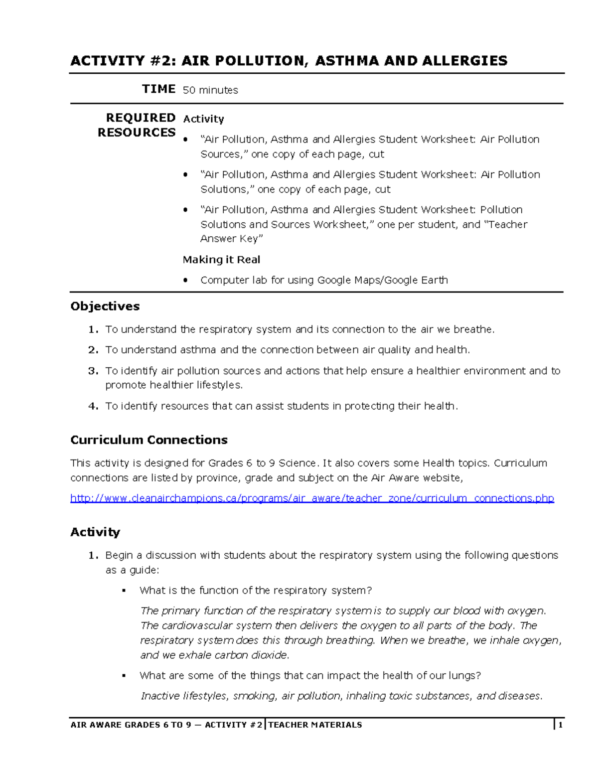 Reducing Impacts of Air Pollution on Human Health - AIR AWARE GRADES 6 ...