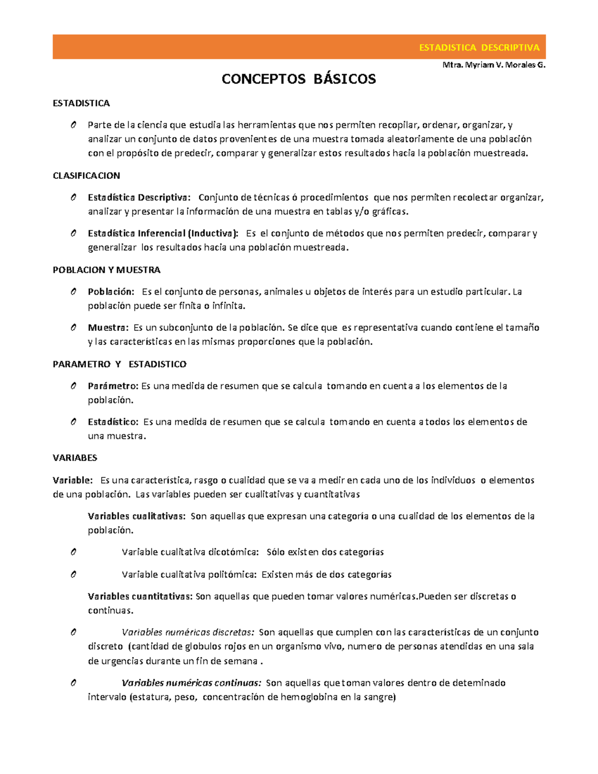 Conceptos By Esicos 2 - ESTADISTICA DESCRIPTIVA Mtra. Myriam V. Morales G. CONCEPTOS B¡SICOS ...