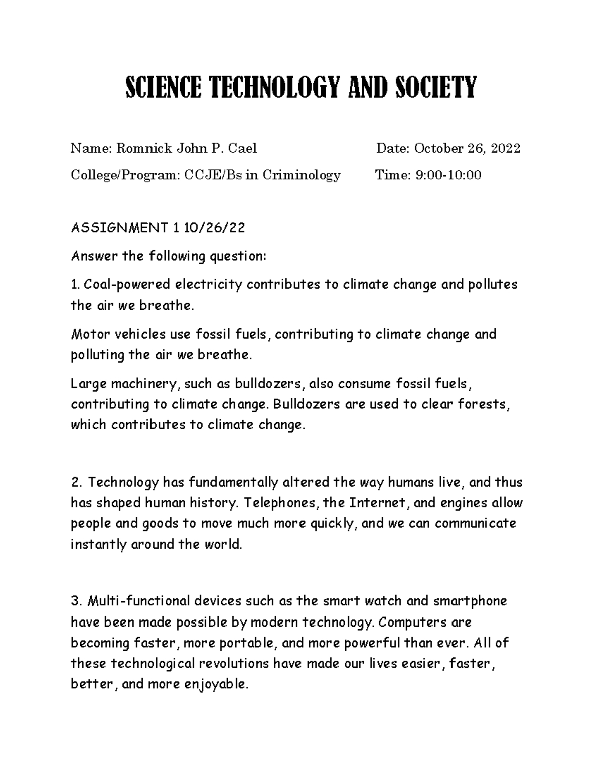Science Technology AND Society - SCIENCE TECHNOLOGY AND SOCIETY Name ...